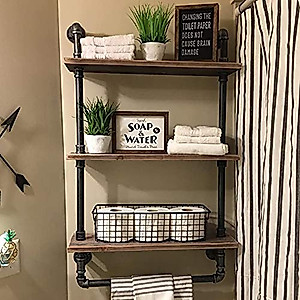 JIANZHUO Industrial Wood Bathroom Shelf Over Toilet with Towel Bar,Rustic Bathroom Shelves Floating Shelves 3 Tier,24in Pipe Shelves Pipe Shelf Towel Racks Wall Mounted,Farmhouse Pipe Shelving