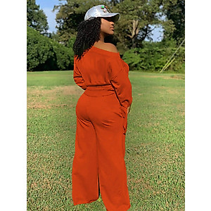 TOPSRANI Women's 2 Piece Outfits Casual Solid Sweatsuits Baggy Long Sleeve Loose Matching Wide Leg Tracksuit Pants Sets Orange L