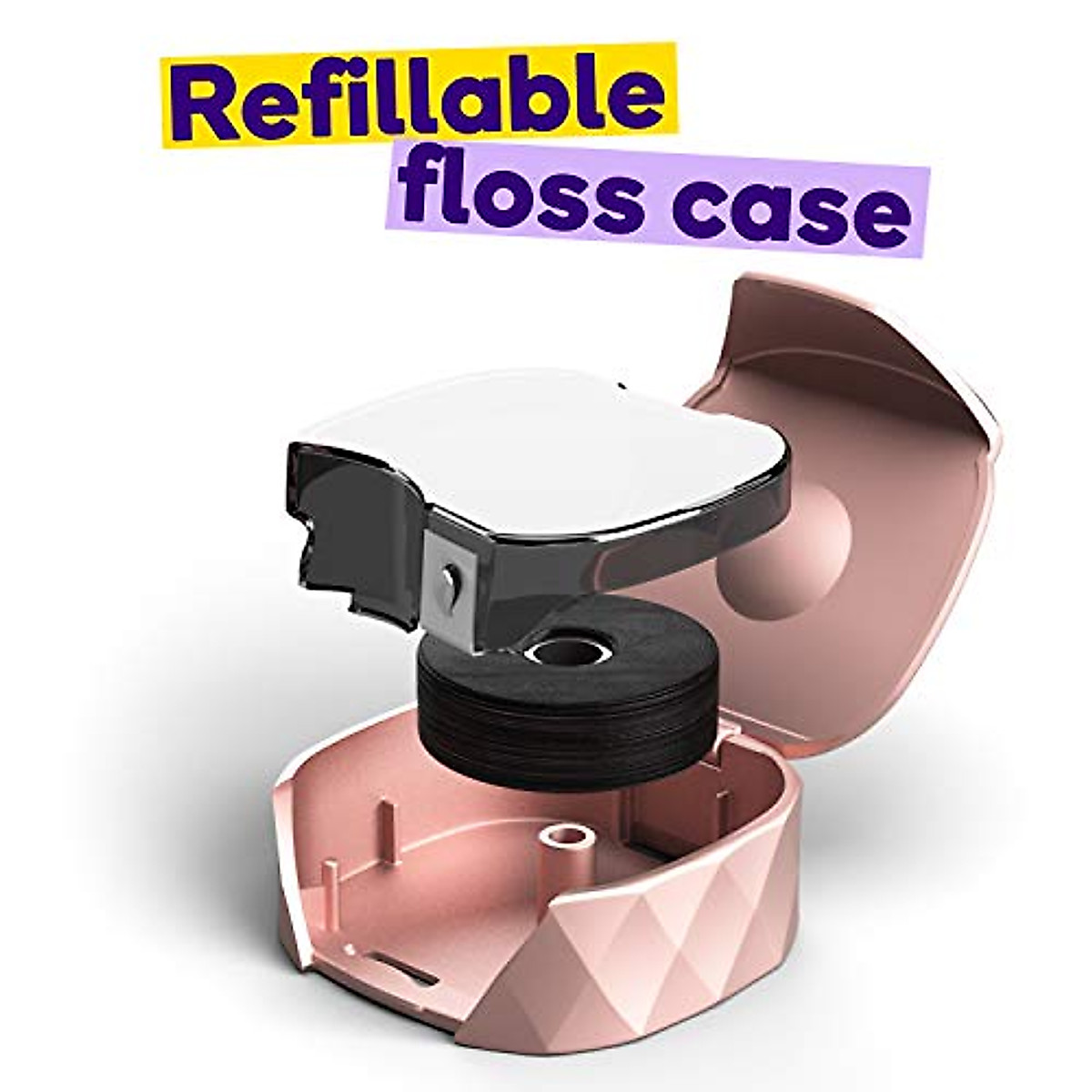 BURST Refillable Dental Floss Dispenser Set - Juniper Berry Scent - Charcoal Coated, Expanding Floss - Stain-Absorbing, Woven Tooth Floss - Rose Gold Case + 32 Yards Charcoal Floss