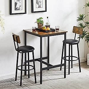 KIVENJAJA Bar Table and Chairs Set for 2, 3-Piece Small Square Pub Bistro Table and Upholstered Stools with Backrest, Counter Height Dining Table Set for Kitchen Small Space, Rustic Brown