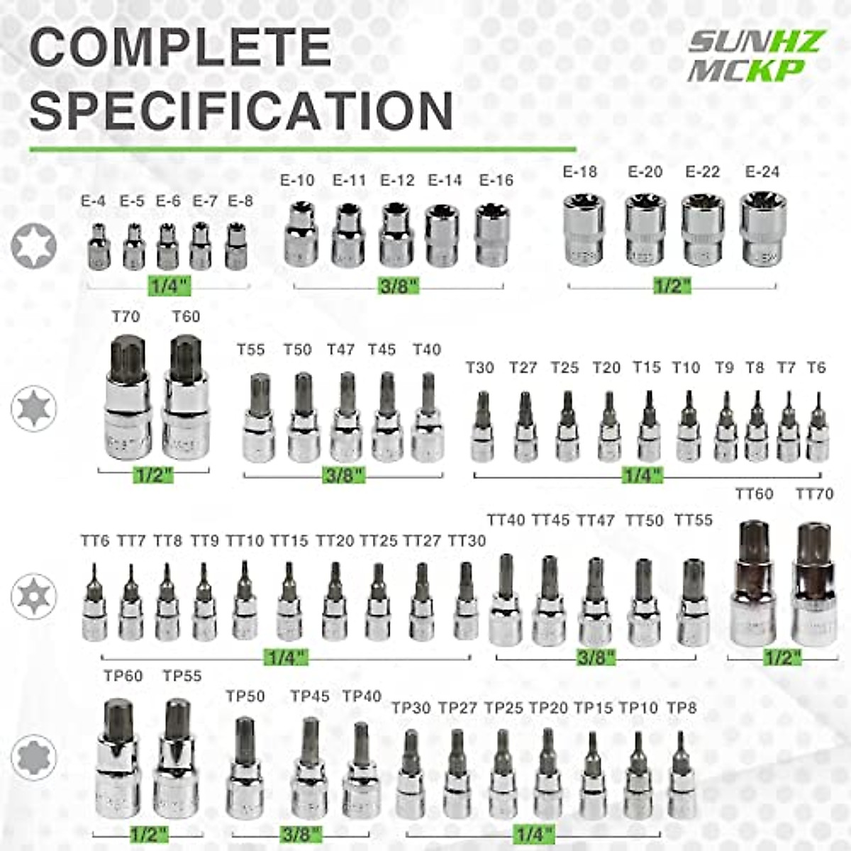 SUNHZMCKP 60-Piece Master Torx Bit Socket and External Torx Socket Set, S2 Alloy steel，E4-E24, T6-T70,TT6-TT70,TP8-TP60,The best auto repair tool