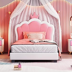 Brabrety Twin Size Upholstered Princess Platform Bed with Crown Headboard and Footboard,for Kids Boys Girls Teens Bedroom Use (White+Pink@Crown, Twin)