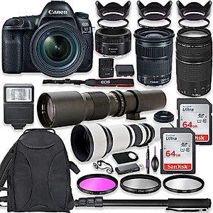 Canon EOS 5D Mark IV DSLR Camera w/ 24-105mm STM Lens + Canon EF 75-300mm III Lens, Canon 50mm f/1.8, 500mm Lens & 650-1300mm Lens + Deluxe Backpack + 128GB Memory + Monopod + Professional Bundle