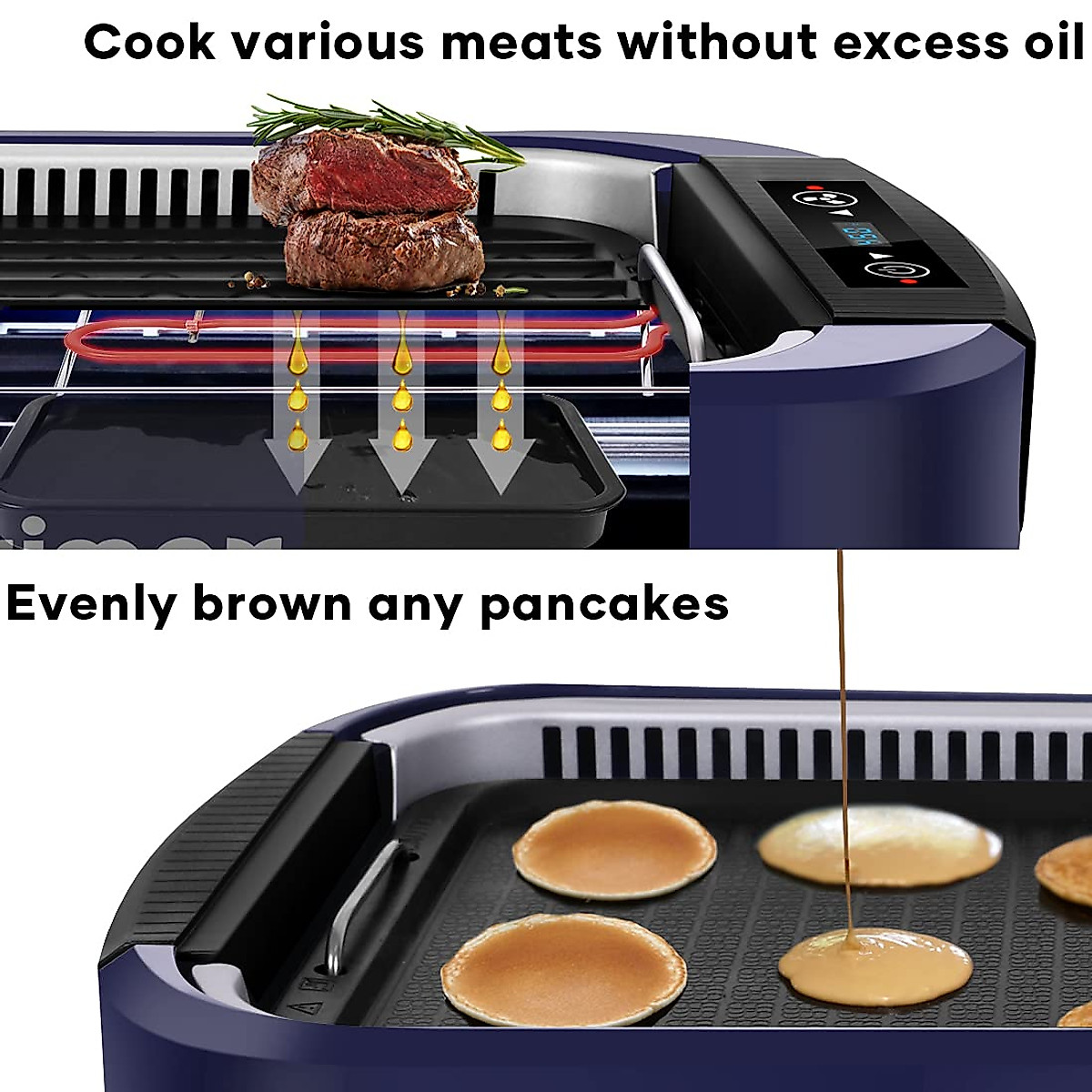 Smokeless Indoor Grill, CUSIMAX Electric Grill with Tempered Glass Lid, 1500 Indoor Grill & Flat Top Griddle for Cusimax Smokeless Grills, Pancake Griddle Plate, Dishwashe-safe, Blue