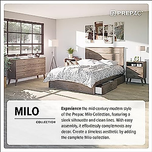 Prepac Milo Mid-Century Modern 2 Drawer Nightstand, Bedside Table, Contemporary Bedroom Furniture, 16"D x 25"W x 25"H, Drifted Gray