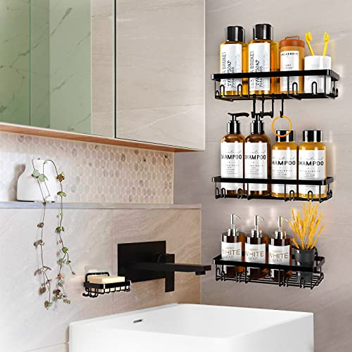 Dulutuxe Shower Caddy Bathroom Organizer Large Size - No Drilling Traceless Adhesive Shower Shelves with 4 Hooks, Wall Mount Stainless Steel Shower Shelf for Bathroom, Toilet, Kitchen, Dorm(4 Pack)