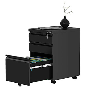 YITAHOME 3-Drawer Mobile File Cabinet with Lock, Office Storage Filing Cabinet for Legal/Letter Size, Pre-Assembled Metal File Cabinet Except Wheels Under Desk -Black