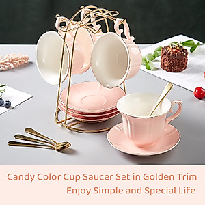 DUJUST Tea Cups and Saucers Set of 4 (8 OZ), Candy Pink Tea Cup Set with Golden Trim, Petal Edge Coffee Cups with Metal Stand, Simple Style Porcelain Tea Party Set - Pink