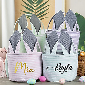 Personalized Easter Basket for Boys Girls, Seersucker Egg Hunt Bunny Baskets for Kids, DIY Bunny Bucket Tote Bags for Easter Decoration Candy Gifts Storage