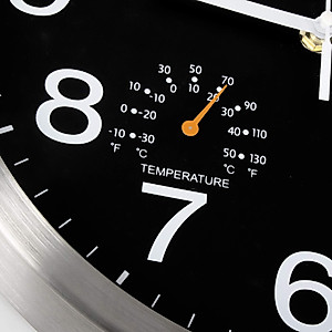 Reynoe 12 Inch Silver Aluminum Frame Wall Clock with Thermometer Hygrometer Battery Operated Silent Movement Decorative for Home