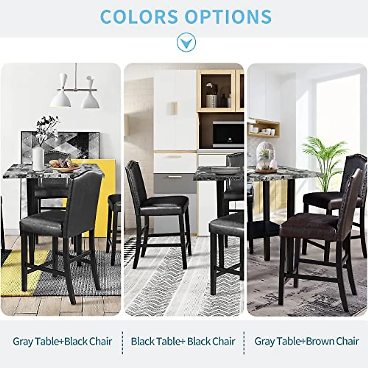 AYTTPG Modern 5 Piece Dinette Set with Matching Chairs and Bottom Shelf for Dining Room, Sturdy Wooden Frame, Marble Pattern Veneer, Chairs with Nail Head Trim, Easy Assembly, Black Chair+Gray Table