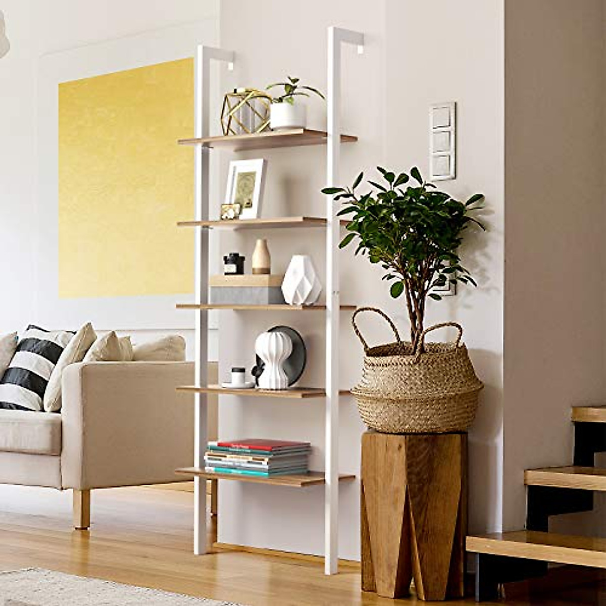 Tangkula Industrial Ladder Shelf Against The Wall, 5-Tier Wall Mount Ladder Bookshelf with Metal Frame, 72 Inches Open Bookcase Plant Flower Stand Display Storage Rack for Home Office