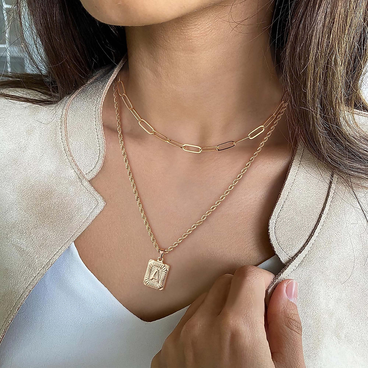 Yooblue Gold Layered Initial Necklaces for Women, Dainty 14K Gold Plated Letter A Initial Square Pendant Necklaces Paperclip Link Rope Chain Layering Necklaces for Women Teen Girl Jewelry Gifts