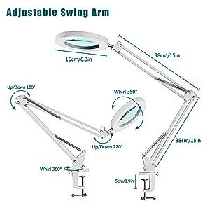 YOUKOYI LED Magnifying Lamp Metal Swing Arm Magnifier Lamp -10 Levels Brightness, 3 Color Modes, 5X Magnification, 4.1" Diameter Glass Lens, Adjustable Industrial Clamp for Reading/Office/Work (White)