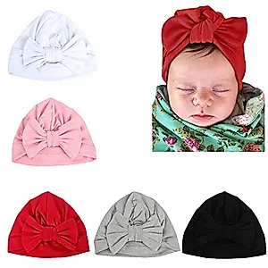 LERTREE 5 Pack Baby Solid Knot Hats Baby Girls Toddler Turban Bow Cap Infant Head Cap