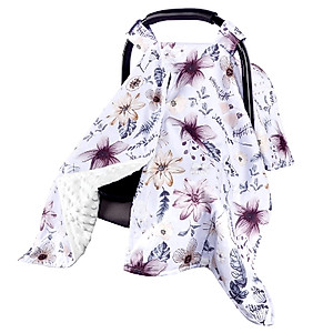 Jundetye Baby Car Seat Cover, Peekaboo Opening Winter Car Seat Canopy for Baby Girls Boys, Mom Nursing Breastfeeding Covers, Blanket for Infant, Purple Watercolor Flower