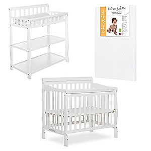 Dream On Me Nursery Essentials Bundle of Dream On Me Aden Convertible 4-in-1 Mini Crib, Dream On Me Ashton Changing-Table, with a Dream On Me Sunset 3” Extra Firm Fiber Portable Crib Mattress