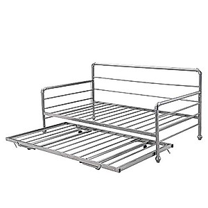 Aoowow Twin Size Metal Daybed with Trundle, Heavy Duty Steel Daybed with Pop Up Trundle Bed,Extendable Daybed Twin to King Size (Silver)