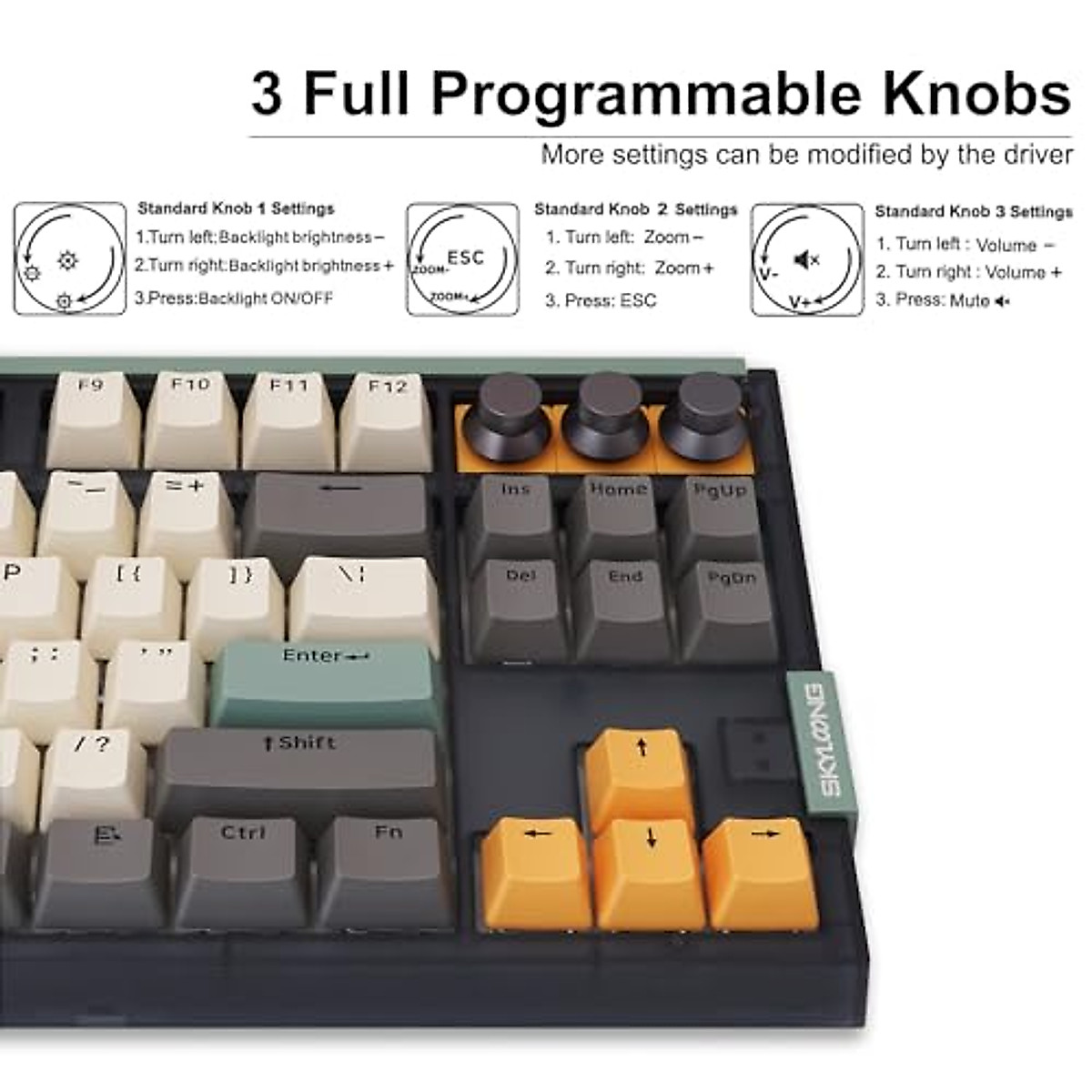 SKYLOONG GK87 V3 TKL Wireless Mechanical Keyboard - Nordic 2.4G/Bluetooth 5.1/USB Wired - Double Spacebar - 3Knobs - Gateron G Pro Switch-RGB Backlit Hot Swappable - Ti-Grey PBT Keycaps