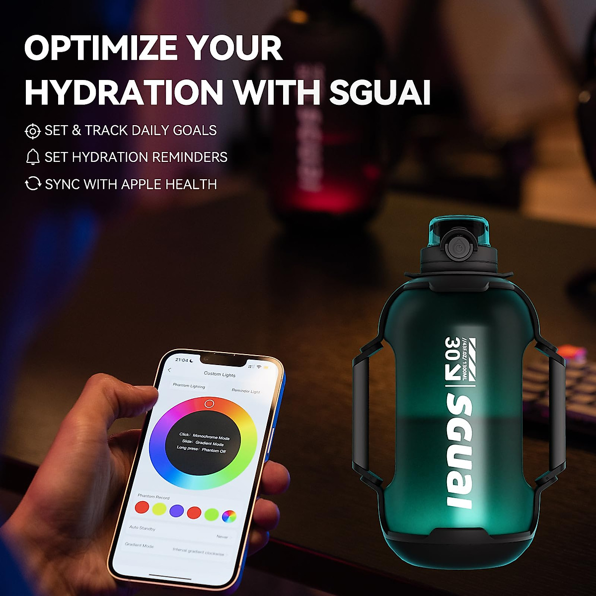 SGUAI Smart Water Bottle, 44oz Smart Sports Gallon Water Bottle, Tracks Water Intake with Bluetooth, LED Glow Reminder, BPA Free Tritan Bottle for Fitness Gym Outdoor, Straw Lid, 1.3L