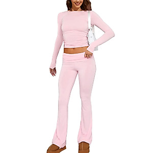 MISSACTIVER Women's Two Piece Outfit Basic Long Sleeve Crop Top and Low Rise Flare Pants Set Lounge 2 Piece Yoga Tracksuit（Pink, Medium