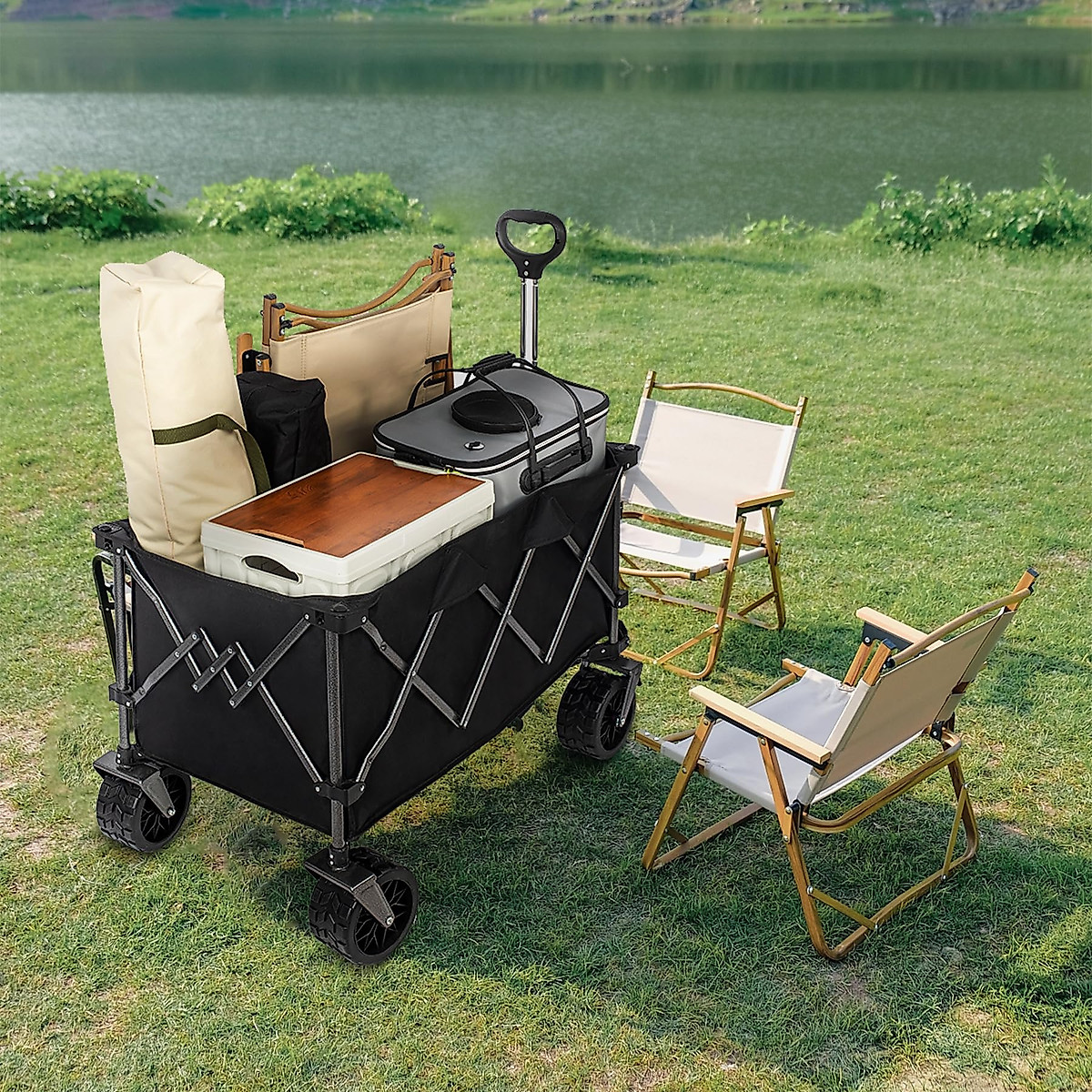 Famiry Collapsible Folding Wagon Cart Heavy Duty Foldable, Beach Wagon with Big All-Terrain Wheels for Sand, Outdoor Wagon Heavy Duty Folding for Camping Garden Sports, Black