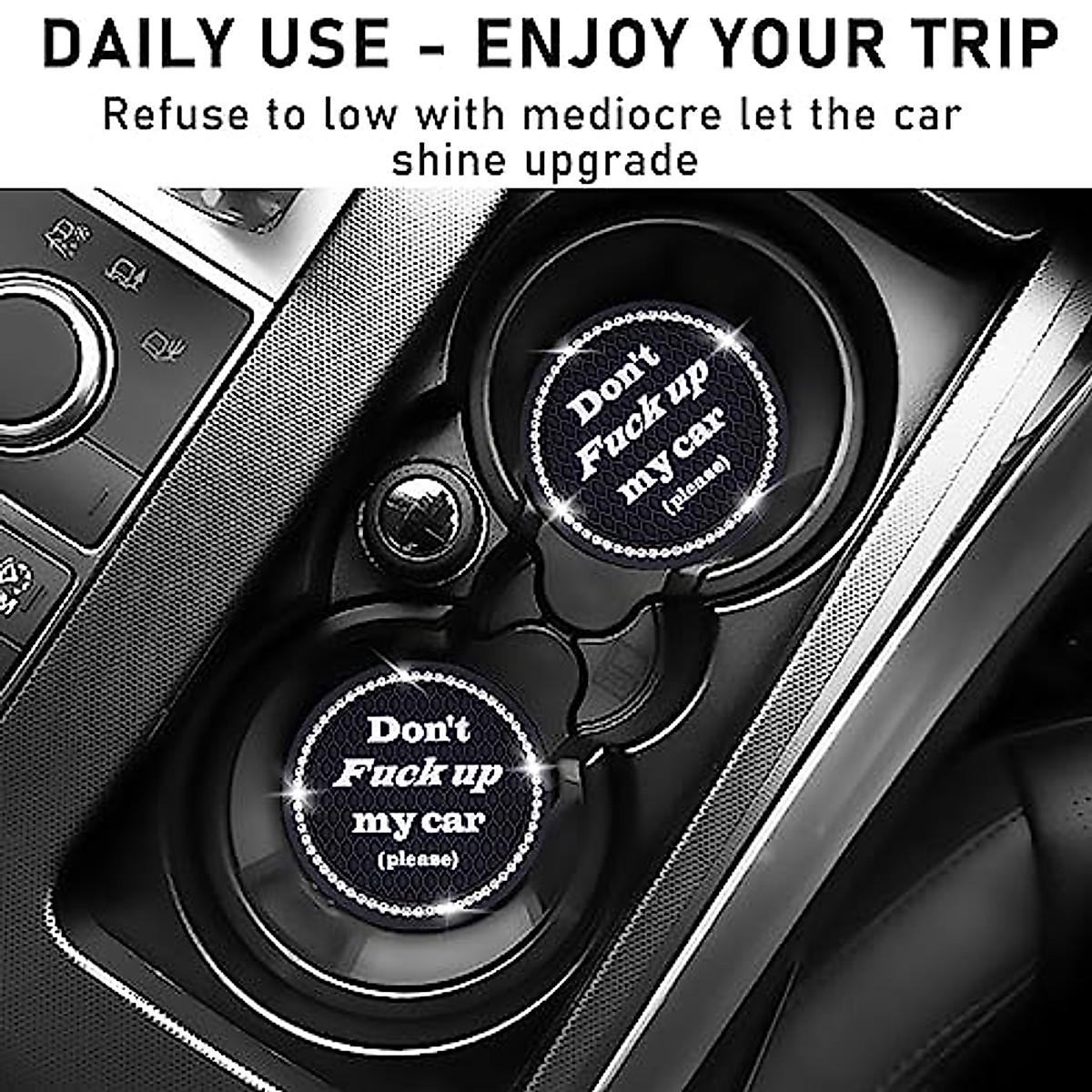 Kewucn 2 Pack Bling Car Cup Holder Coasters, 2.75 inch Anti-Slip Soft Rubber Crystal Rhinestone Auto Cup Insert Pad, Universal Vehicle Interior Decor Accessories for Car SUV Truck (Black)