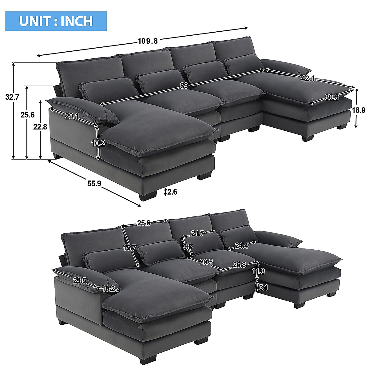 GNIXUU 109.8“ Sectional Sofa Cloud Couch for Living Room, Modern Velvet Large Overstuffed U Shaped Couch, Comfy Modular Sofa Sleeper with Double Chaise & Cushions(Gray)