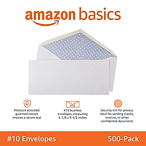 Amazon Basics #10 Security Tinted Business Envelopes, Moisture Sealed, 4-1/8 x 9-1/2 Inch - Pack of 500, White