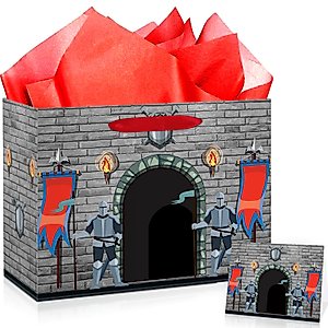 Large Medieval Party Gift Bags Castle Knight Favor Bags with Tissue Paper Card Medieval Castle Princess Knight Wrapping Paper Bags for Boys Girls Birthday Medieval Halloween Party Decorations Supplies