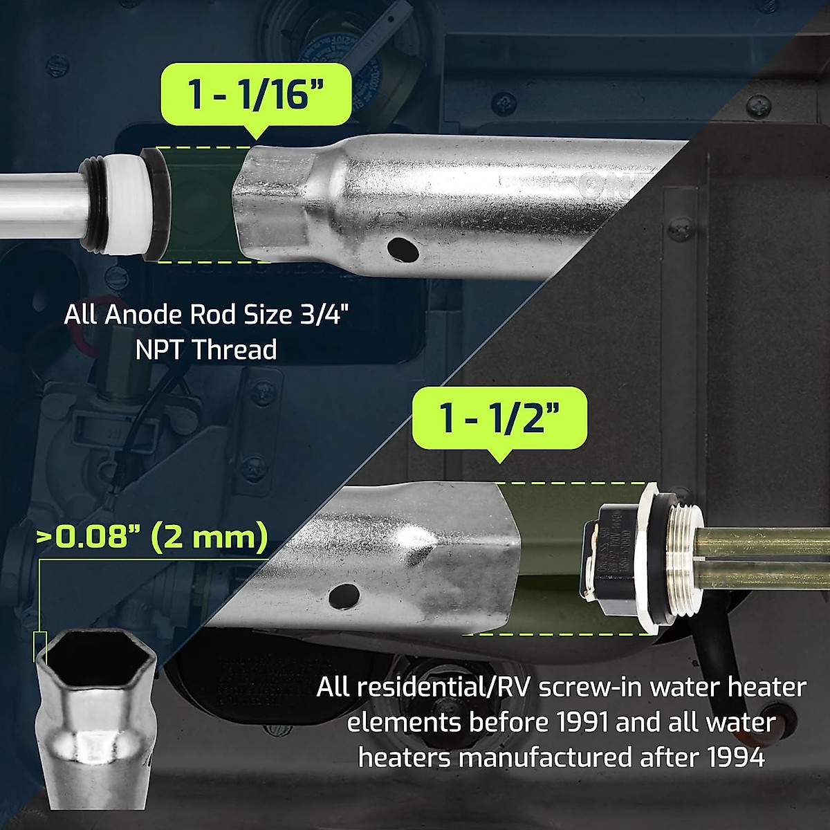 ONENESS 369 Heavy-Duty Dual Hex 1 1/16 socket x 1 1/2 Anode Rod Socket, Water Heater Element Wrench, Residential Water Heater Element Socket for RV Owners and Homeowners
