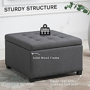 HOMCOM Fabric Tufted Storage Ottoman with Flip Top Seat Lid, Metal Hinge and Stable Eucalyptus Wood Frame for Living Room, Entryway, or Bedroom, Gray