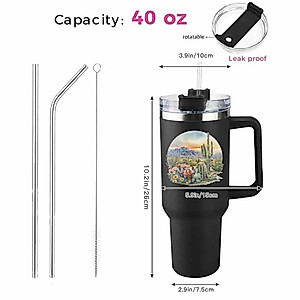 40 Oz Insulated Tumbler with Handle and Straw,Tropical Cactus Flower Mountain Stainless Steel Vacuum Insulated Travel Mug,Leak-proof Water Bottle Iced Coffee Cup,Desert Plant