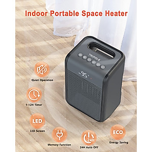TriPole Space Heater Portable Electric Heater with Thermostat, 80° Oscillating Small Space Heaters for Indoor Use, 1500W Fast Heating PTC Ceramic Heater for Bedroom Office Desk, 1-12H Timer, ECO Mode