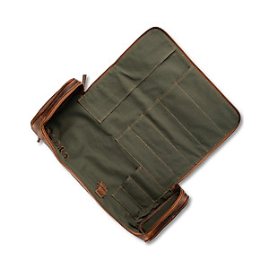 Angus Stoke premium leather knife bag-case, XXL chef's roll bag with huge storage space and extras - waxed vintage buffalo leather, Arvid (Walnut-Brown)