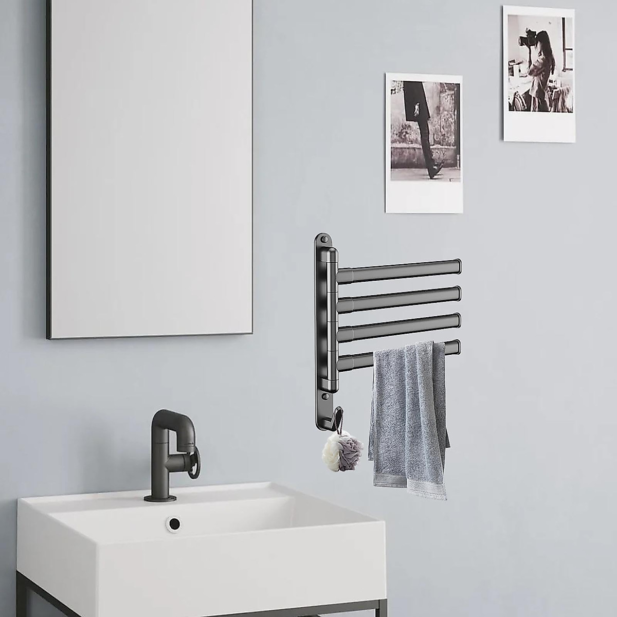 DUDOK Swivel Bathroom Towel Rack, Carbon Steel Towel Rack, Wall Mounted Towel Holder, Bath Towel Holder for Bathroom Wall, Towel Hanger for Bathroom, Kitchen, Waterproof, Rustproof, Space Saving Wall