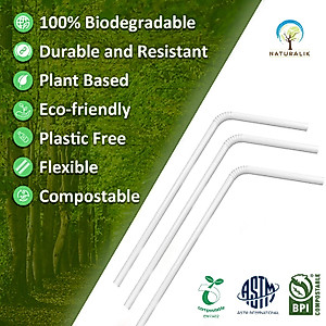 Naturalik 250 Pack Biodegradable Plant Based Straws- 9" Long Straws- 100% Compostable- Flexible Straws Eco-Friendly- Plastic Free Drinking Straws- Bendy Straws for Smoothies, Party Decorations (PLA)
