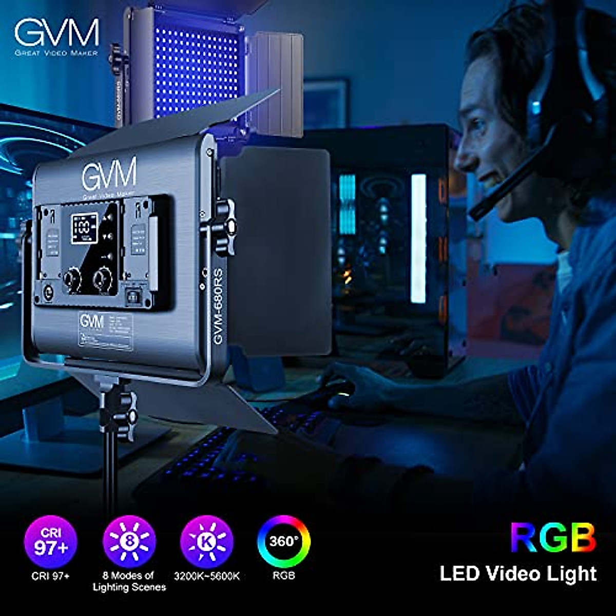 GVM RGB LED Video Light with Lighting Kits, 680RS 50W Led Panel Light with Bluetooth Control, 2 Packs Photography Lighting for YouTube Studio, Video Shooting, Gaming, Streaming, Conference