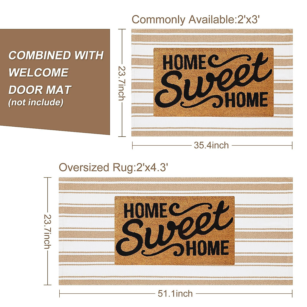 Collive Tan Outdoor Rug, 2x4.3 Striped Front Door Rug Cotton Hand-Woven Reversible Welcome Mats Outdoor Layering Rug Modern Porch Rugs for Farmhouse Entryway Entrance Decor