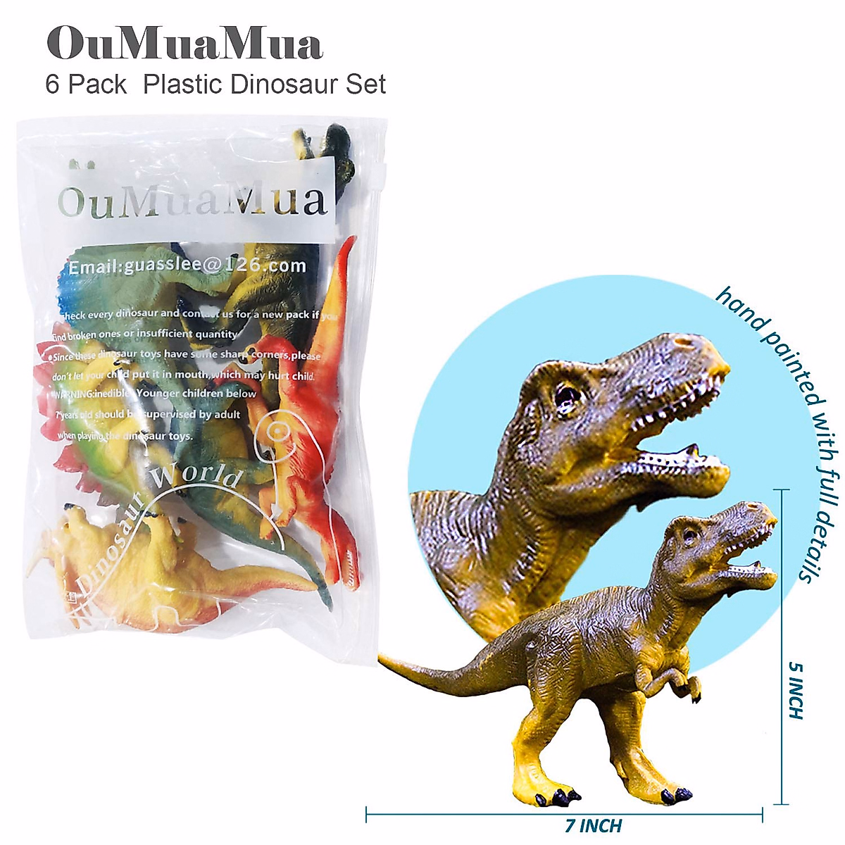 OuMuaMua Dinosaur Toys, Plastic Dinosaur Figure Set, Ideal Education Toys for Kids and Toddler, Including T-Rex, Stegosaurus, Monoclonius, 6 to 7 Inch Large Size, 6 Pack