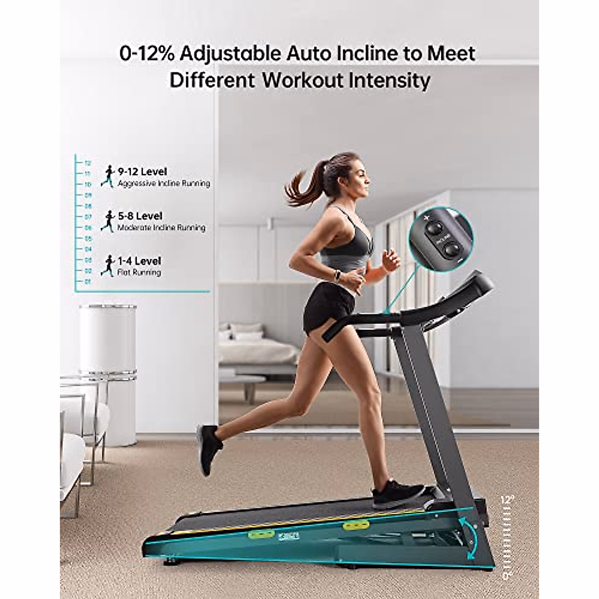 Auto Incline Treadmill 12-Level Automatic Incline Adjustment Folding Treadmill Electric Treadmill for HomeWorkout Running Machine Pre-Set Training Programs & Large LCD Display