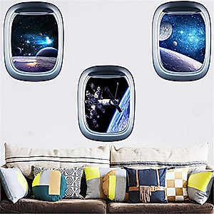3D Space Capsule Window Wall Stickers Universe Outer Space Wall Decals，Peel and Stick Removable Astronaut Decal for Bedroom Living Room Kids Room Door Home Decor(Each pcs: 23" x 17")