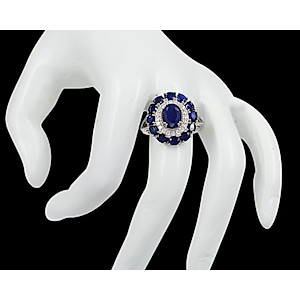 September Birthstone Natural 9X7 MM Oval Cut Blue Sapphire Gemstone 925 Solid Silver Cluster Unisex Proposal Ring Wedding Jewelry For Bridal Gift (Rhodium Plated Silver, 6)