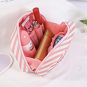 DSDFIDn Makeup Bag Lazy Cosmetic Bag Travel Toiletry Bag for Purse Small Makeup Headphone Lipstick Bag with Zipper Waterproof Travel Accessories for Women Pink Stripe