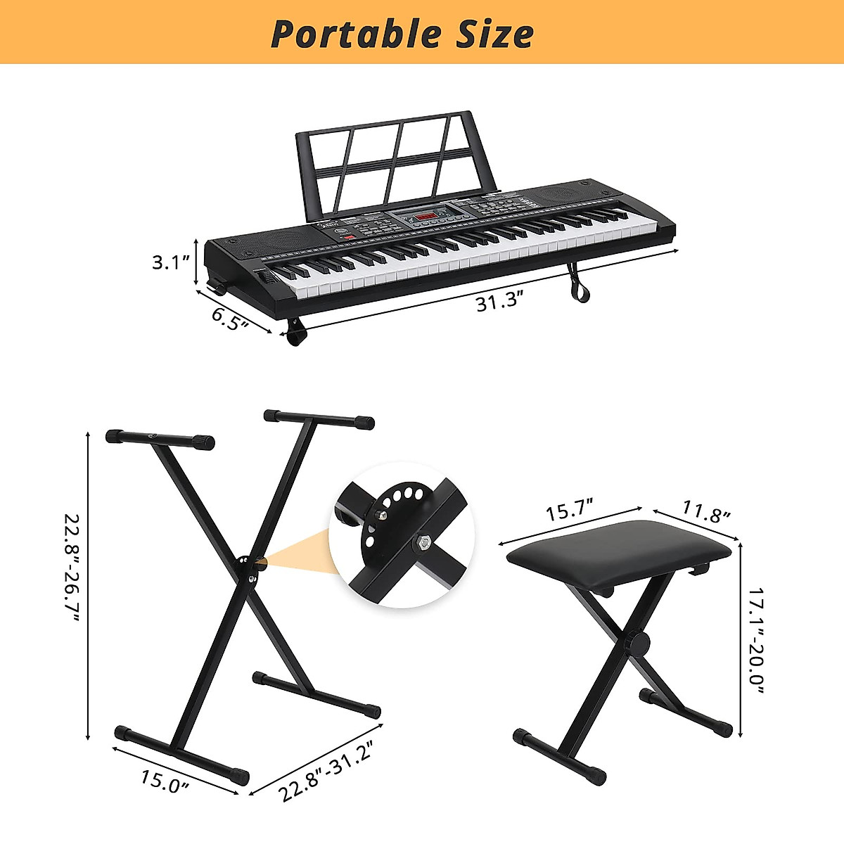 GLARRY 61 Keys Full Size Electric Keyboard Piano Set for Beginners Kids Portable Music Keyboard Baby Christmas Gifts with Piano Bench, Piano Stand, Music Stand, Microphone, Headphone, Power Supply