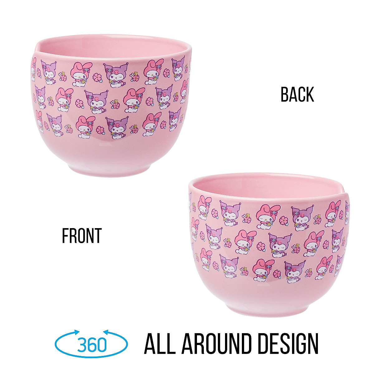 Silver Buffalo Sanrio Hello Kitty and Friends My Melody and Kuromi Pastel Flowers Ceramic Ramen Noodle Rice Bowl with Chopsticks, Microwave Safe, 20 Ounces