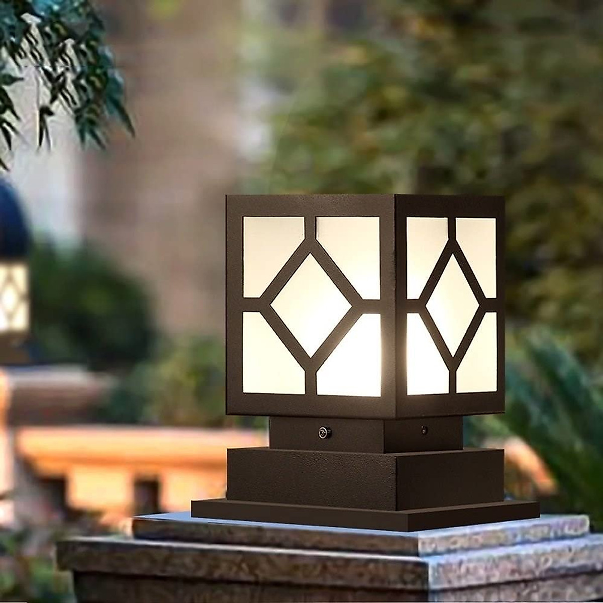 MODEBHD 23cm High Outdoor Post Column Lamp Lawn Garden Light Landscape Single Head Metal with Glass Shade Pillar Lights Villa Wall Door Post Lantern Light, IP44 Waterproof Black Post Lights