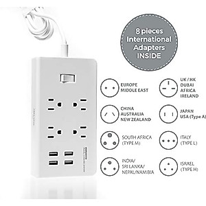 GR-8 Power Compact & Slim Travel Charging Station - International Power Adapter - Surge Protector - Power Strip with 4 Intelligent USB - Free Bonus Included