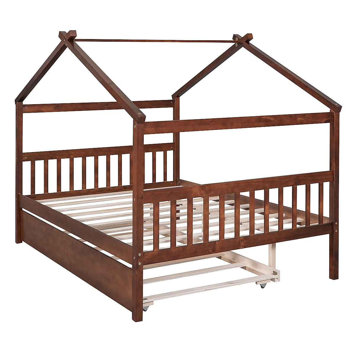 GOWE Full Size Wooden House Bed with Twin Size Trundle, Walnut