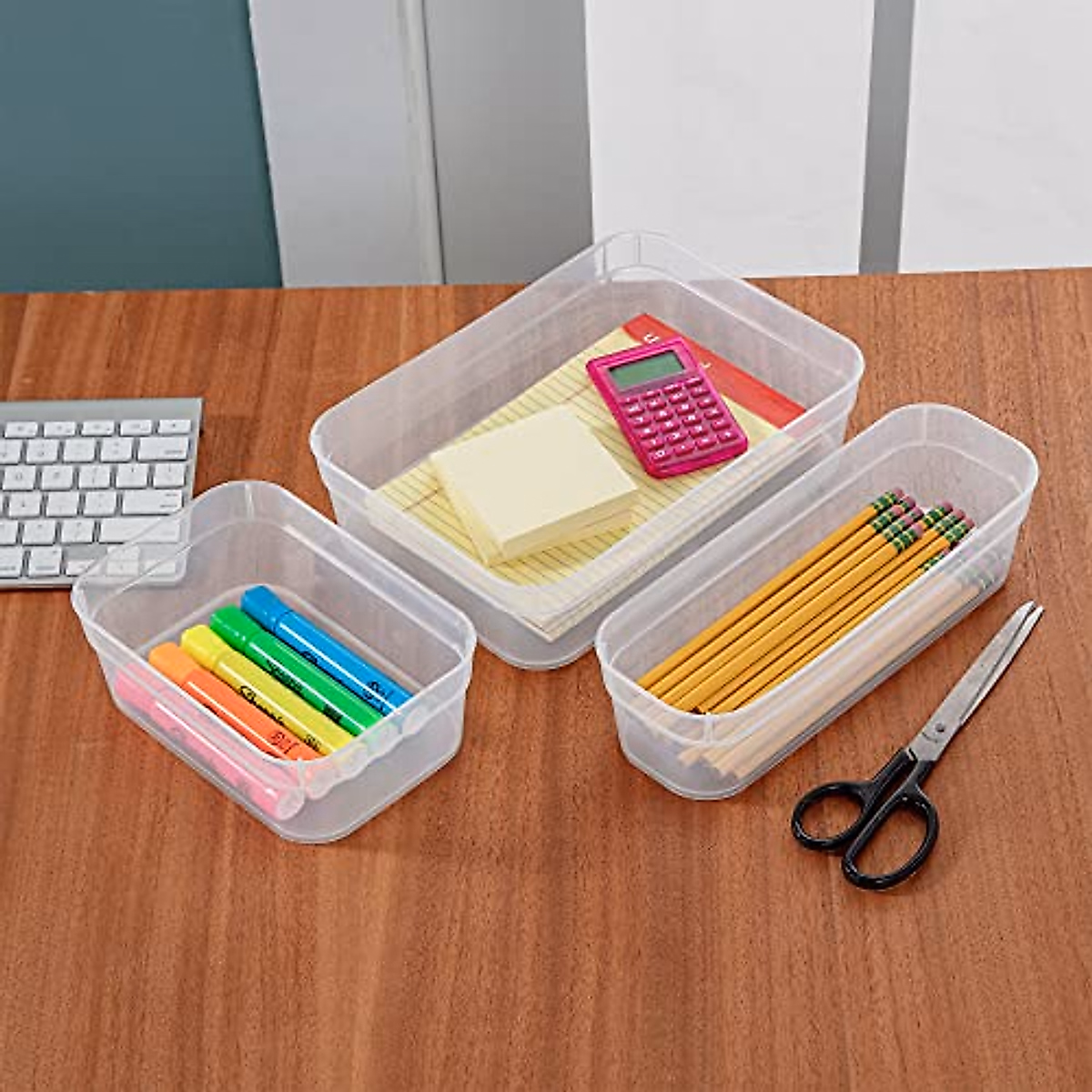 Sterilite Medium Storage Tray Containers with Sturdy Banded Rim and Textured Bottom for Desktop and Drawer Household Organization, Clear, 24 Pack